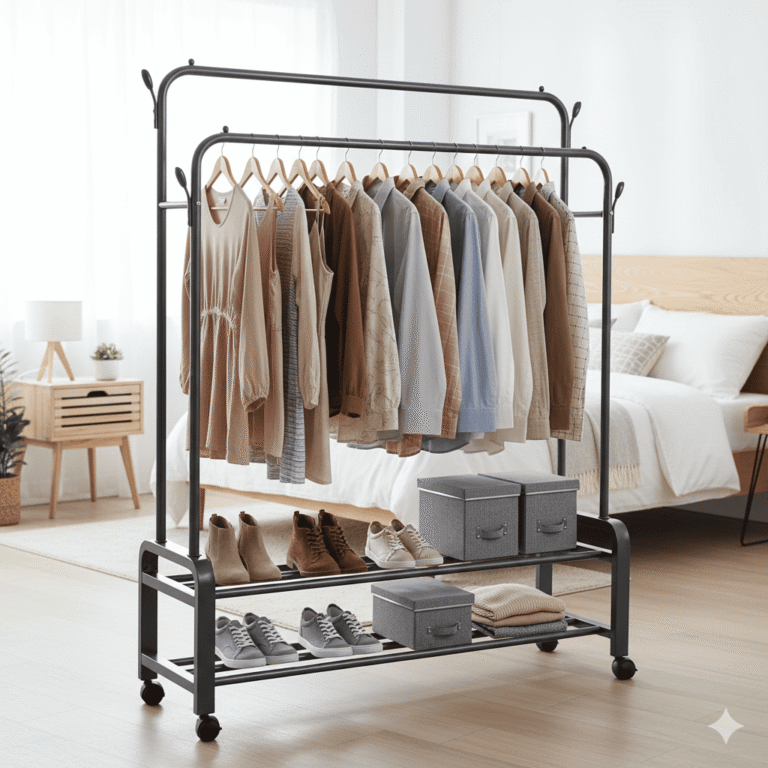 Support à Vêtements Double Barre 60 kg avec Roulettes – 110 × 57 × 150 ...